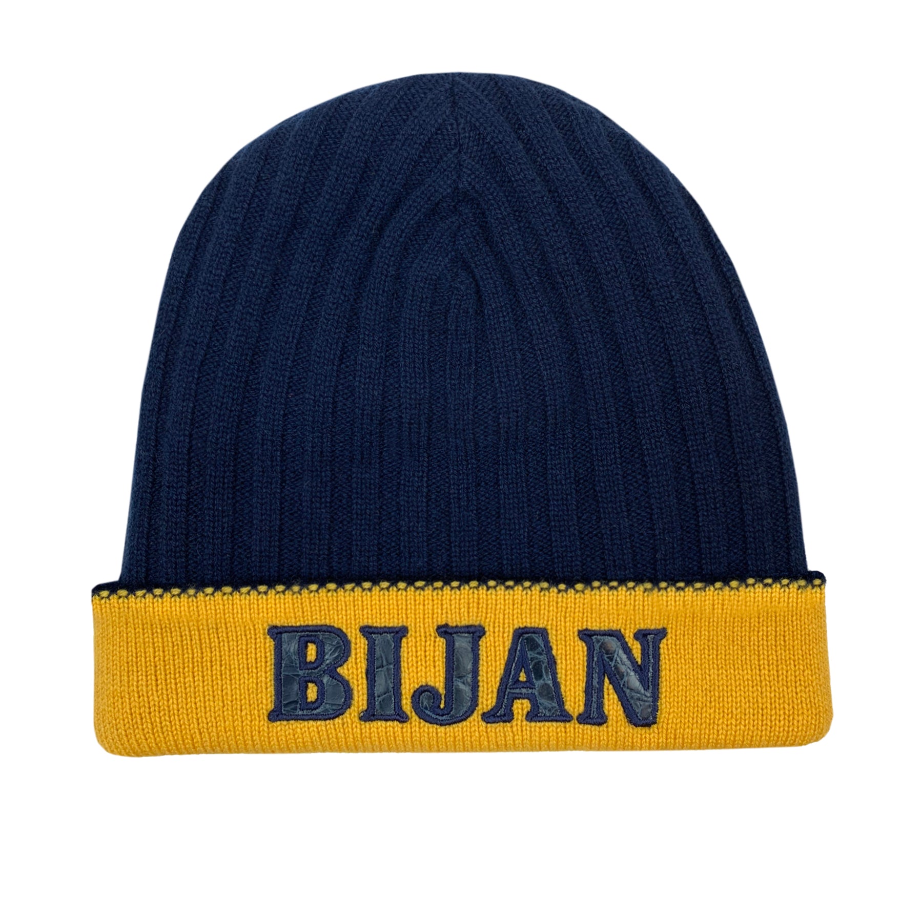 Bijan Yellow and Midnight Blue Cashmere Reversible Beanie – House of Bijan