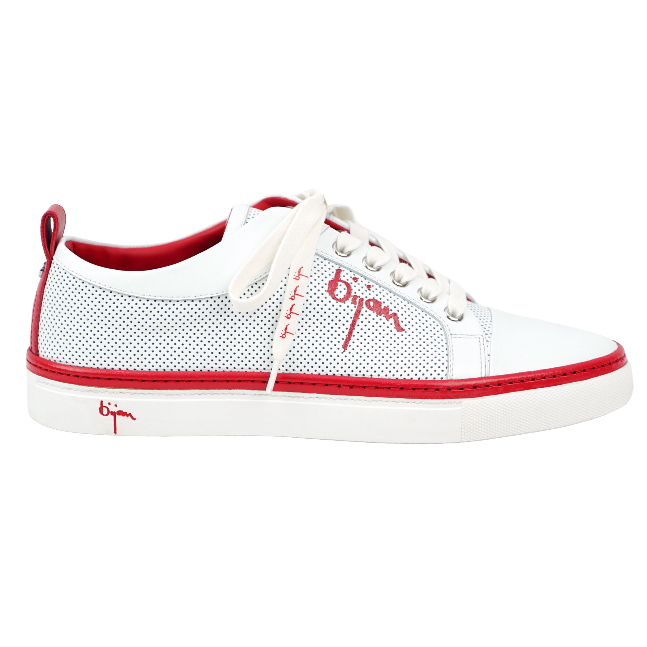 White Fine Leather Sneakers with Bijan Red Detail – House of Bijan